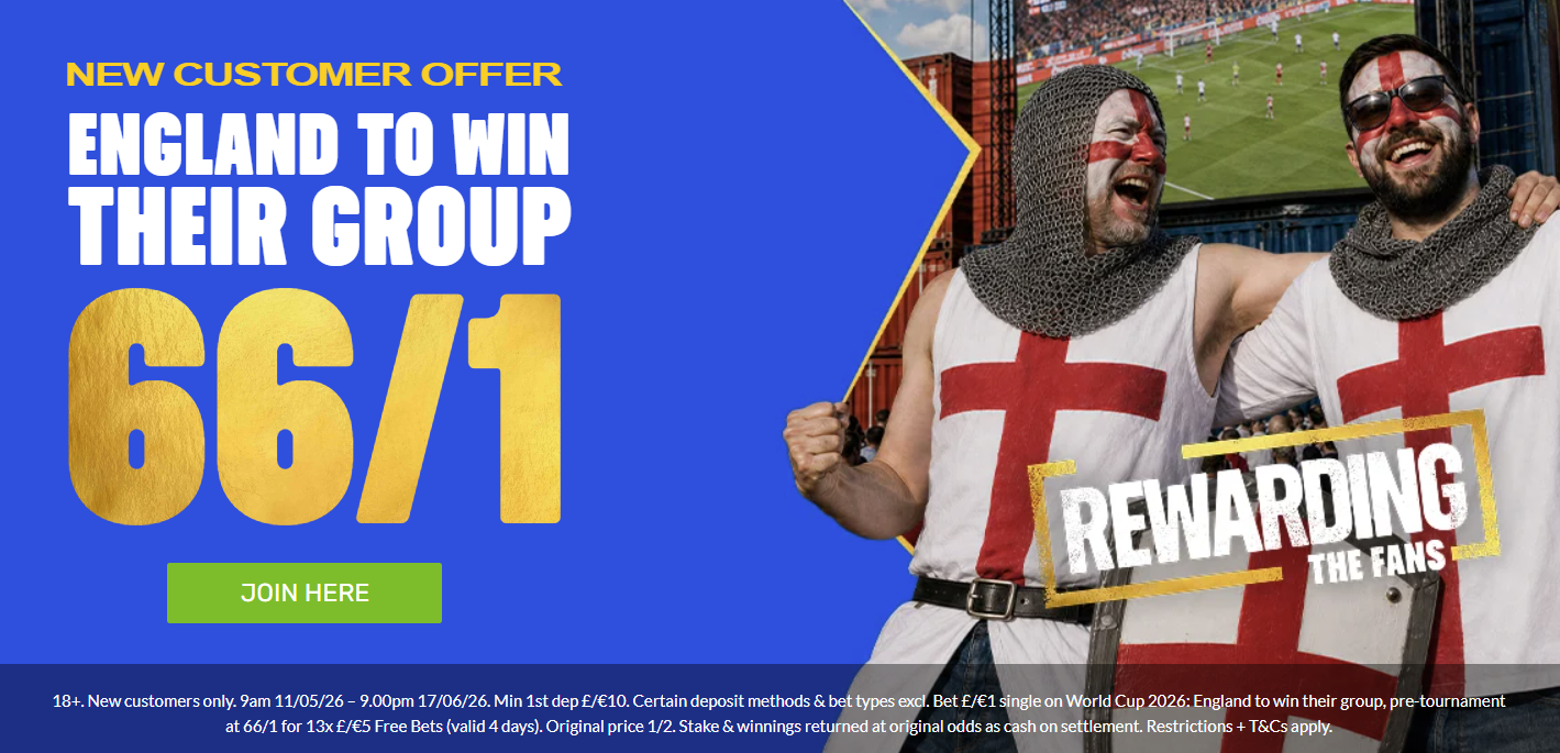 Coral England Offer: 66/1 To Top Their World Cup Group
