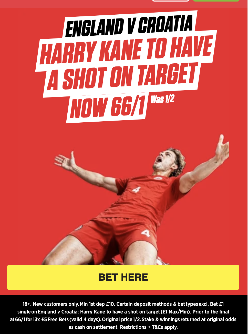 Ladbrokes Kane Shot On Target Offer: 66/1 vs Croatia Tonight